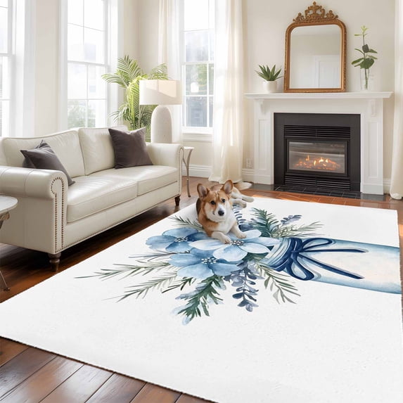 Blue Floral Area Rugs 5x7 ft Pastoral Eucalyptus Leaf Vase Washable Rug ...