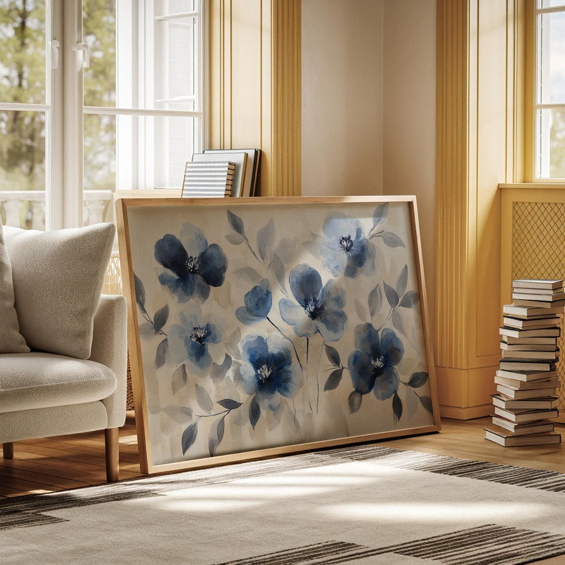 Blue Floral Art Abstract Watercolor Flowers Modern Botanical Wall Decor Neutral Bloom Print For ...