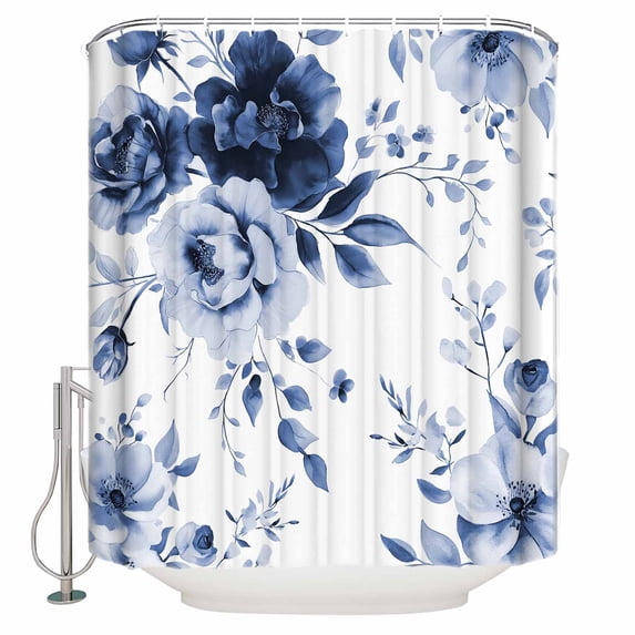 Blue Floral Art Bathroom Shower Curtains with 12 Hooks Polyester ...
