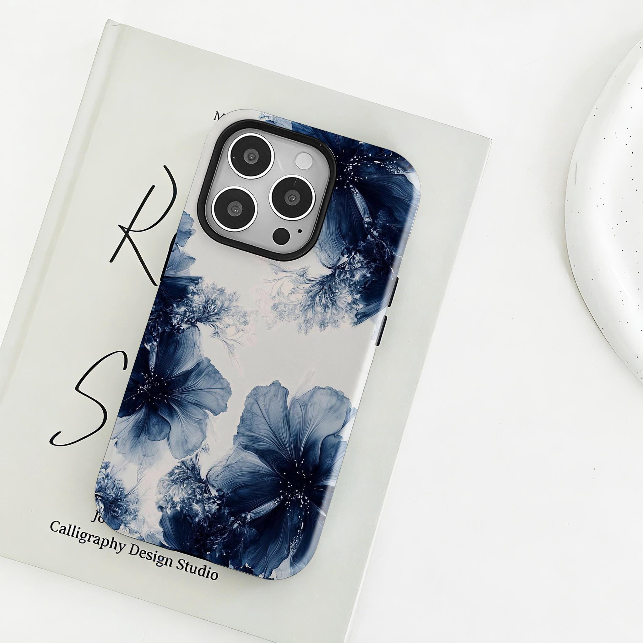 Blue Floral Art Glossy Tough Phone Case, Simple Ink Wash Textured ...