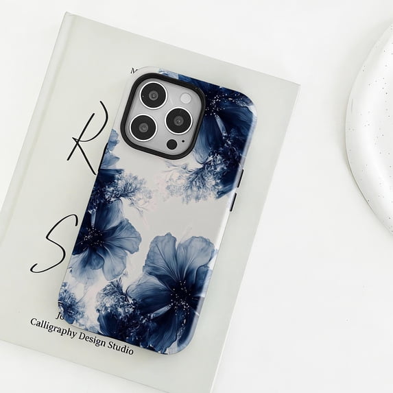 Blue Floral Art Glossy Tough Phone Case, Simple Ink Wash Textured ...