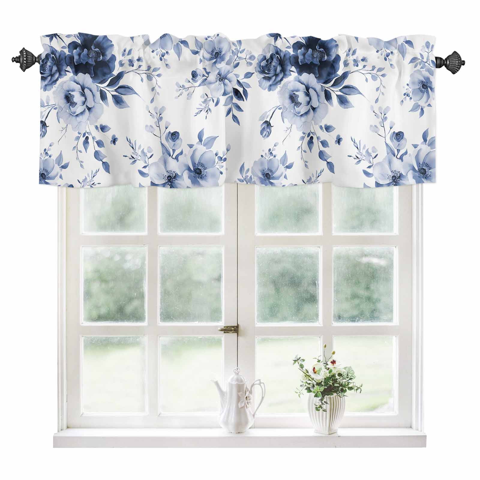 Blue Floral Art Kitchen Valances for Windows 54x18 Inch Kitchen ...