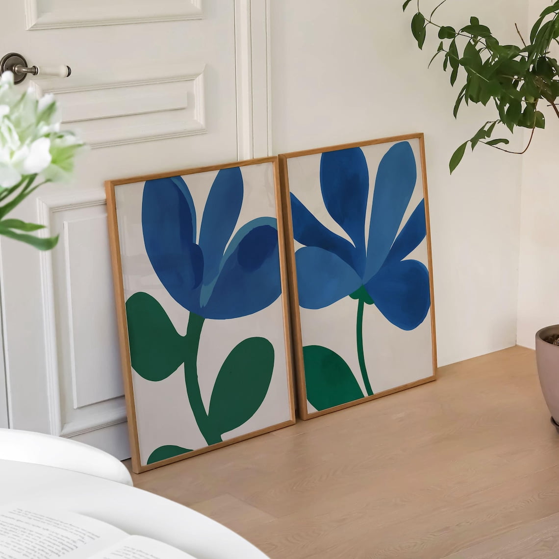 Blue Floral Art Mid-Century Modern Wall Decor Living Room Set 2 ...