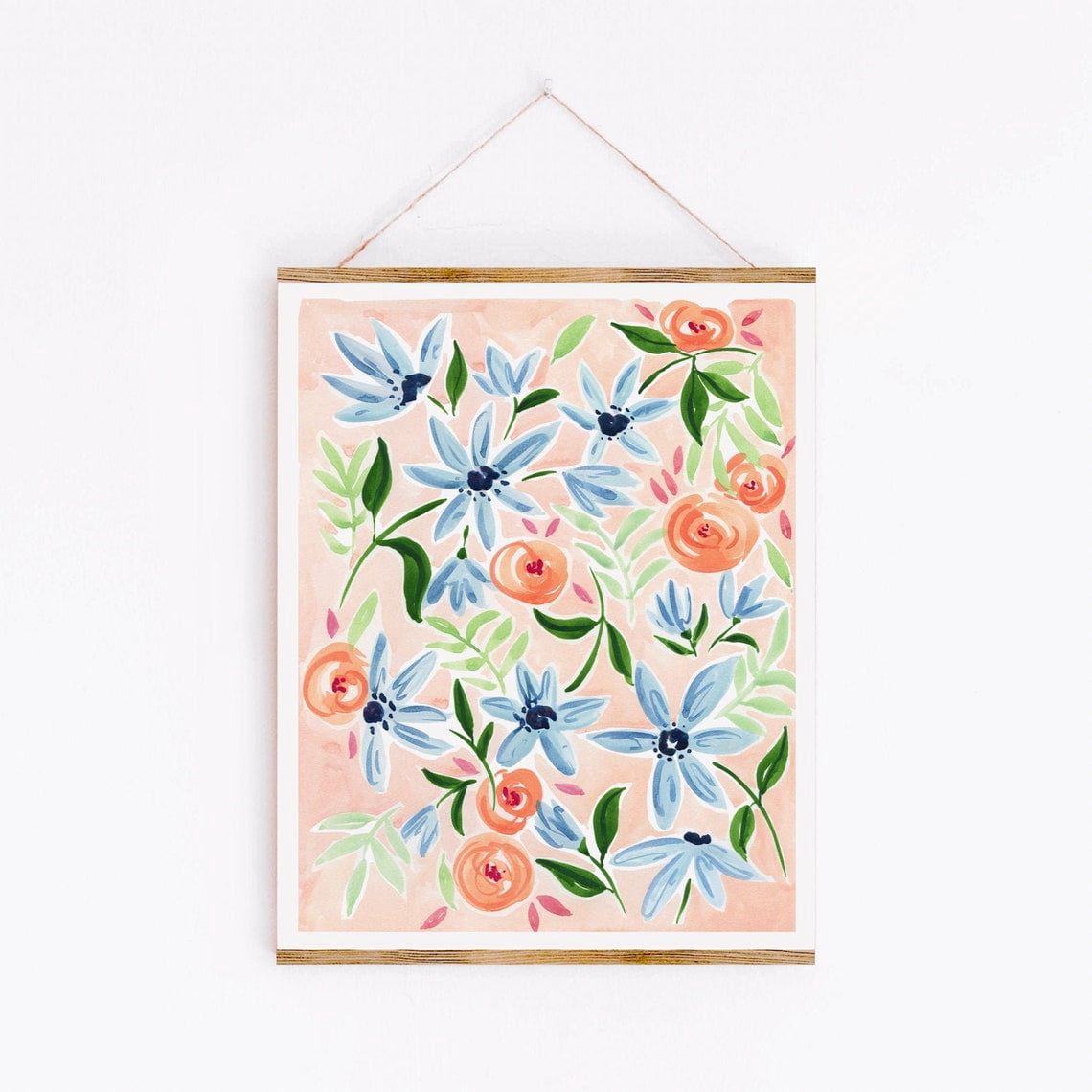Blue Floral Art Print - Hand Painted Wall Decor Poster, Unframed Canvas ...