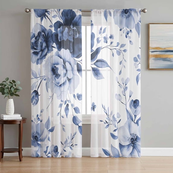 Blue Floral Art Sheer Curtains 96 Inch Length 2 Panels Set, Watercolor ...
