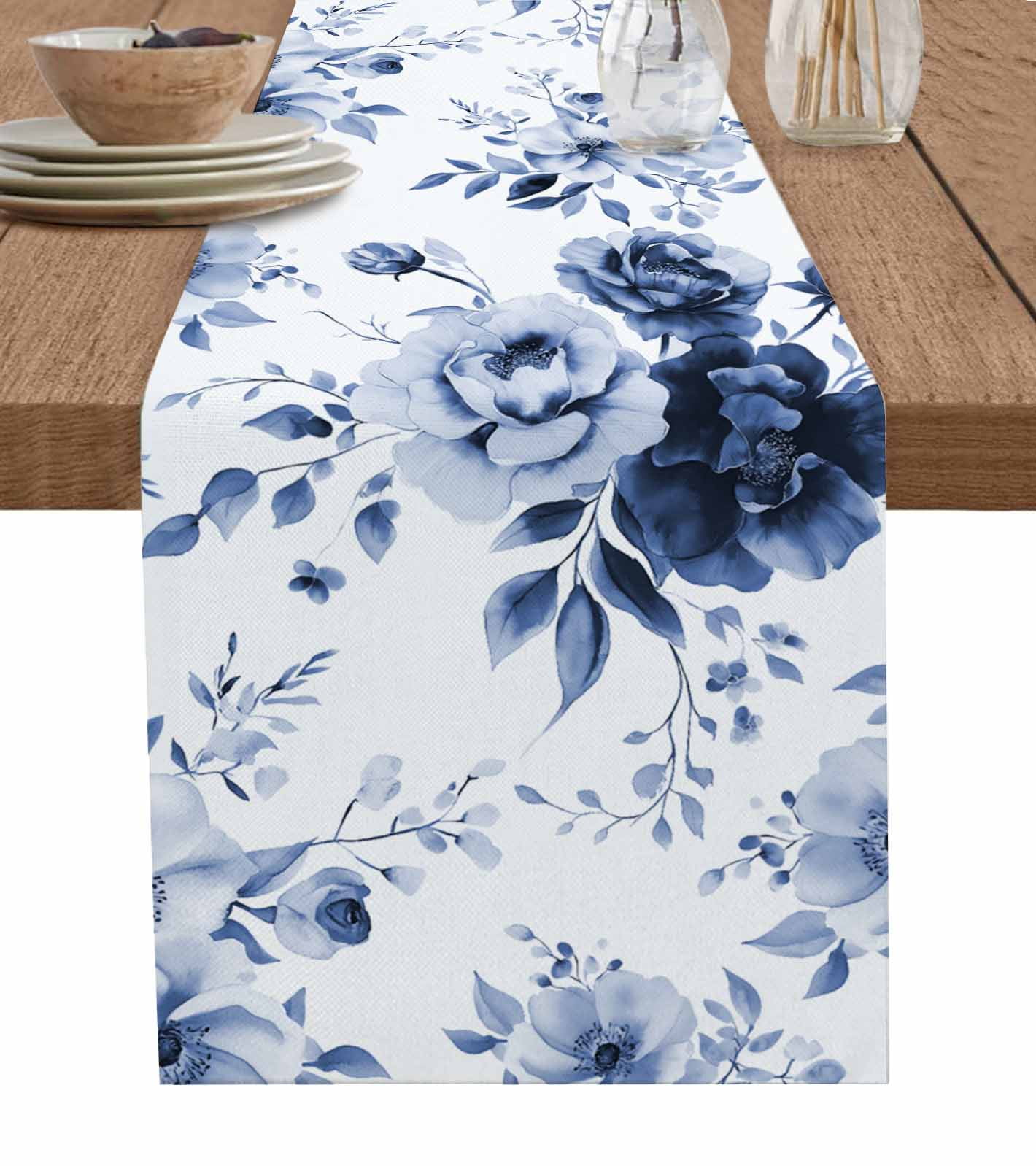 Blue Floral Art Table Runner Watercolor Botanical Spring Flowers ...