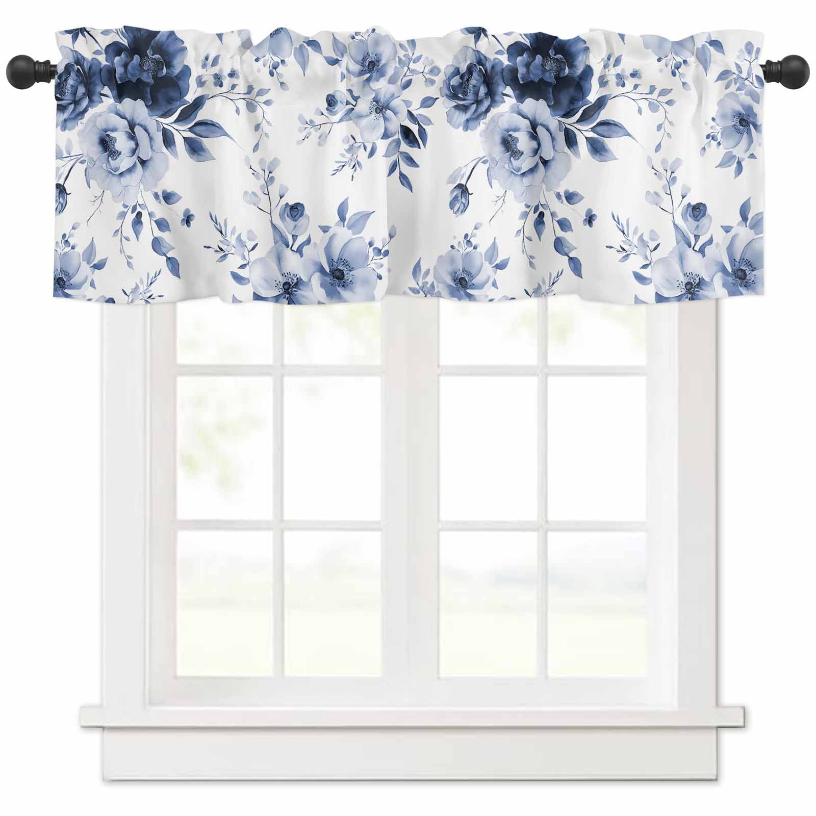 Blue Floral Art Valances for Windows Farmhouse Kitchen Curtains ...