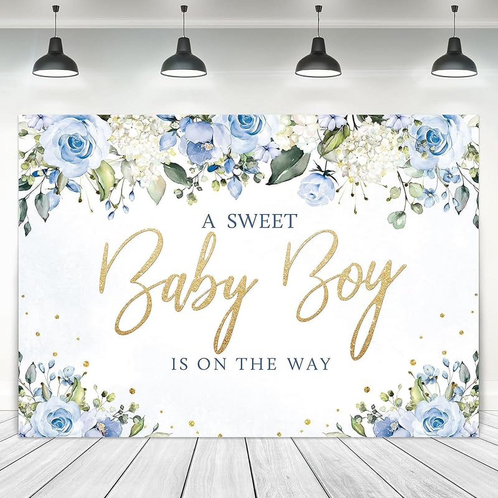 Blue Floral Baby Shower Backdrop Watercolor Flower Blossom Sweet Baby ...