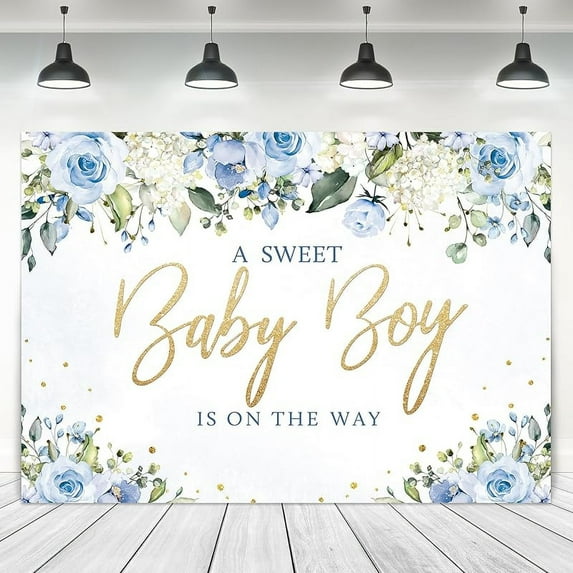 Blue Floral Baby Shower Backdrop Watercolor Flower Blossom Sweet Baby ...