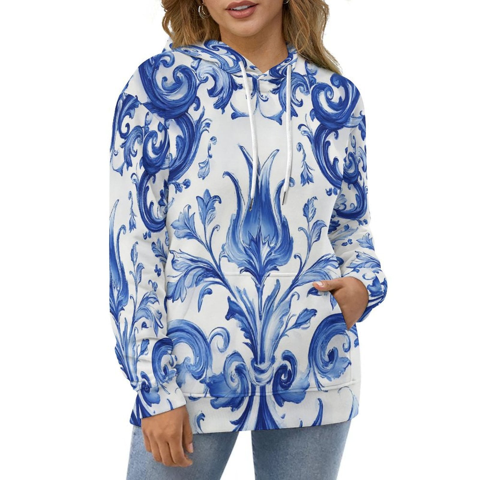 Blue Floral Baroque Pattern Oversized Hoodies For Woman Pullover With ...