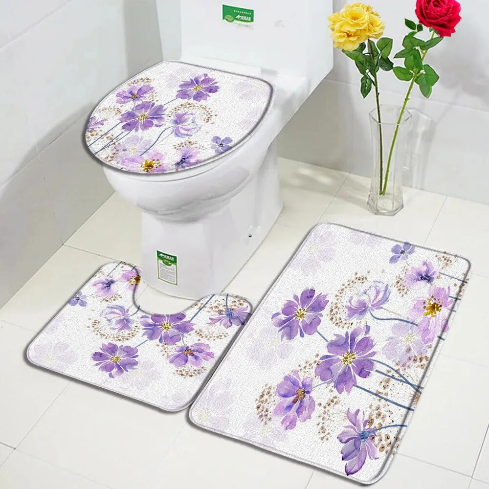 Blue Floral Bath Mat Set Dandelion Watercolour Flowers Plants Flannel ...