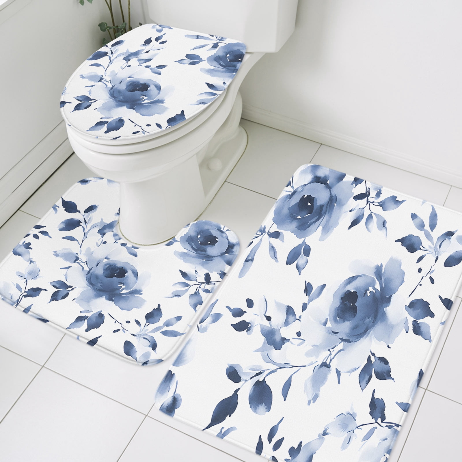 Blue Floral Bathroom Rugs Set Watercolor Spring Florals Leaves Blue ...
