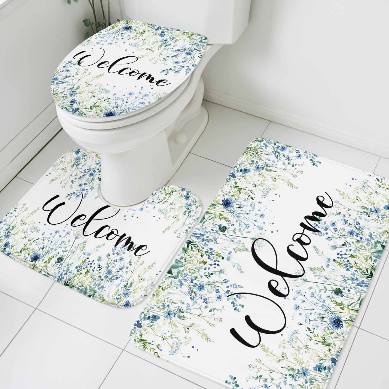 Blue Floral Bathroom Rugs Set Welcome Watercolor Flowers Plant Non Slip ...