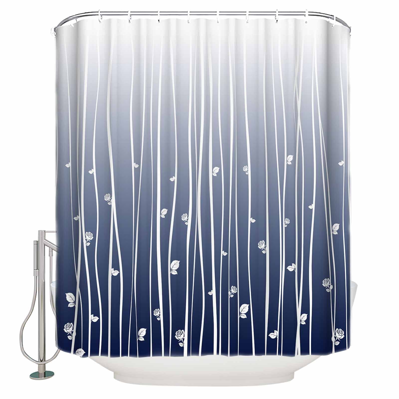 Blue Floral Bathroom Shower Curtains with 12 Hooks Polyester Waterproof ...