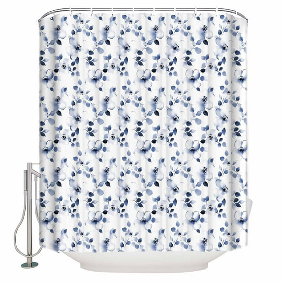 Blue Floral Bathroom Shower Curtains with 12 Hooks Polyester Waterproof ...
