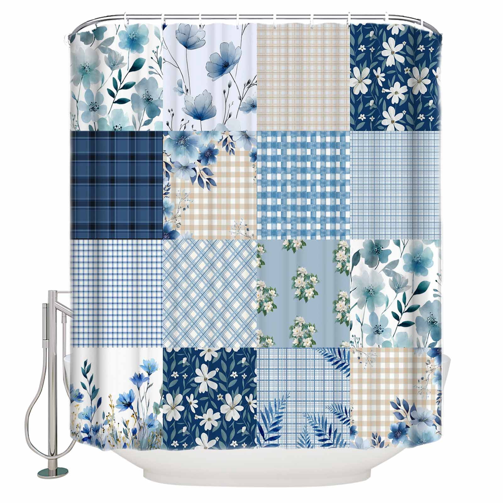 Blue Floral Bathroom Shower Curtains with 12 Hooks Waterproof Shower ...