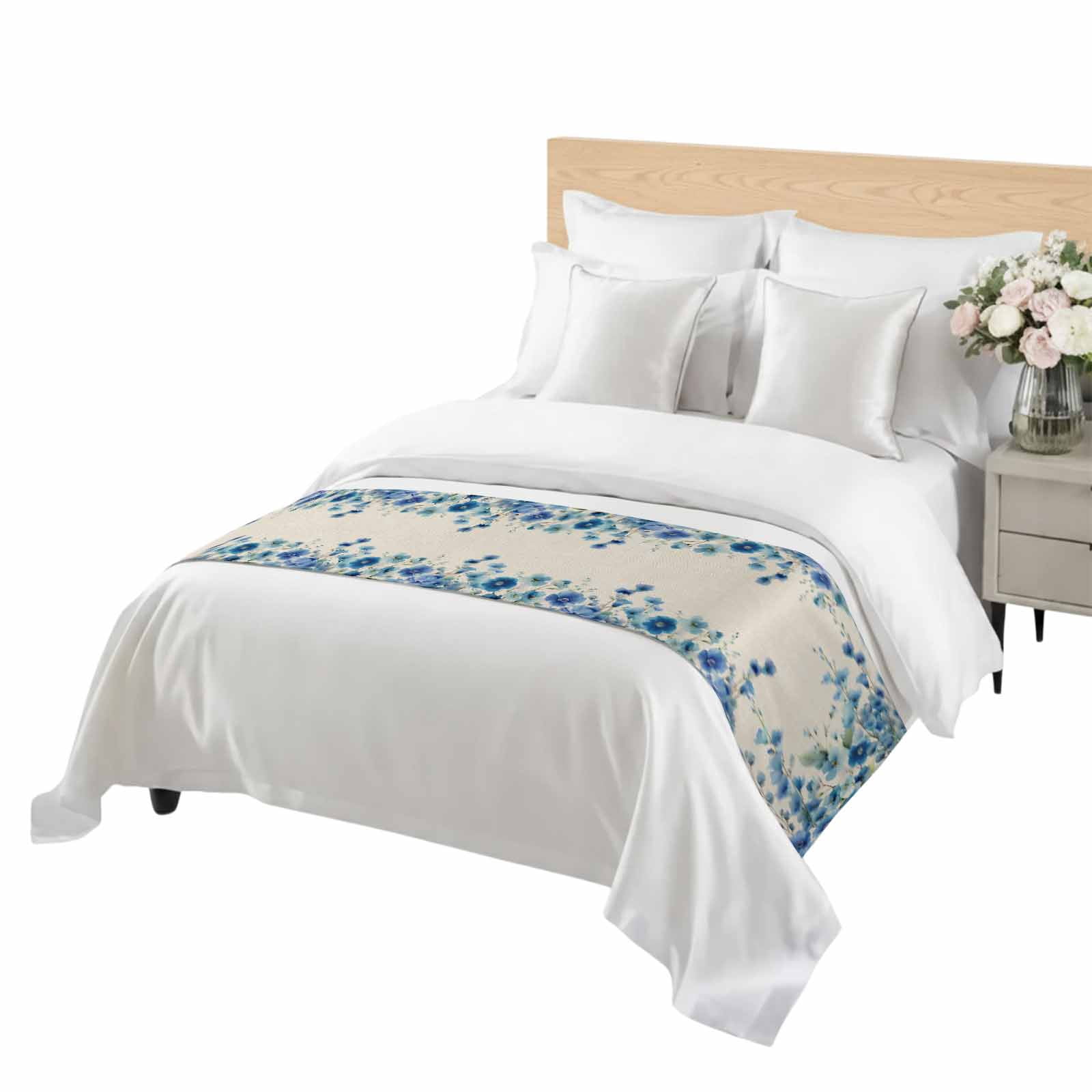 Blue Floral Bed Runner Twin Size Watercolor Spring Gradient Blue ...