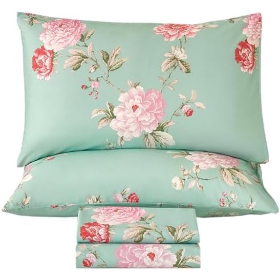 Blue Floral Bed Sheets Queen Size 100% Cotton Percale Sheets Shabby ...