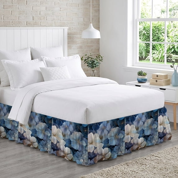 Blue Floral Bed Skirt Queen Size 16 Inch Drop, Summer Spring White Blue ...