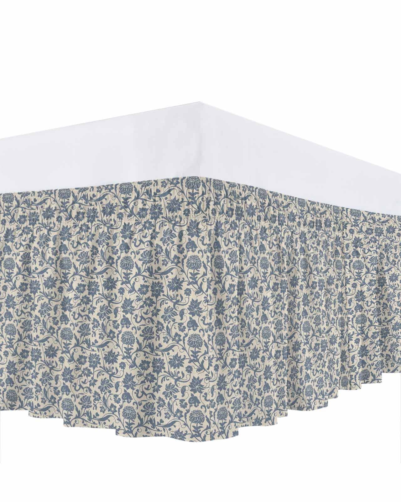 Blue Floral Bed Skirt Queen Size 18 Inch Drop, Vintage Spring Flower ...