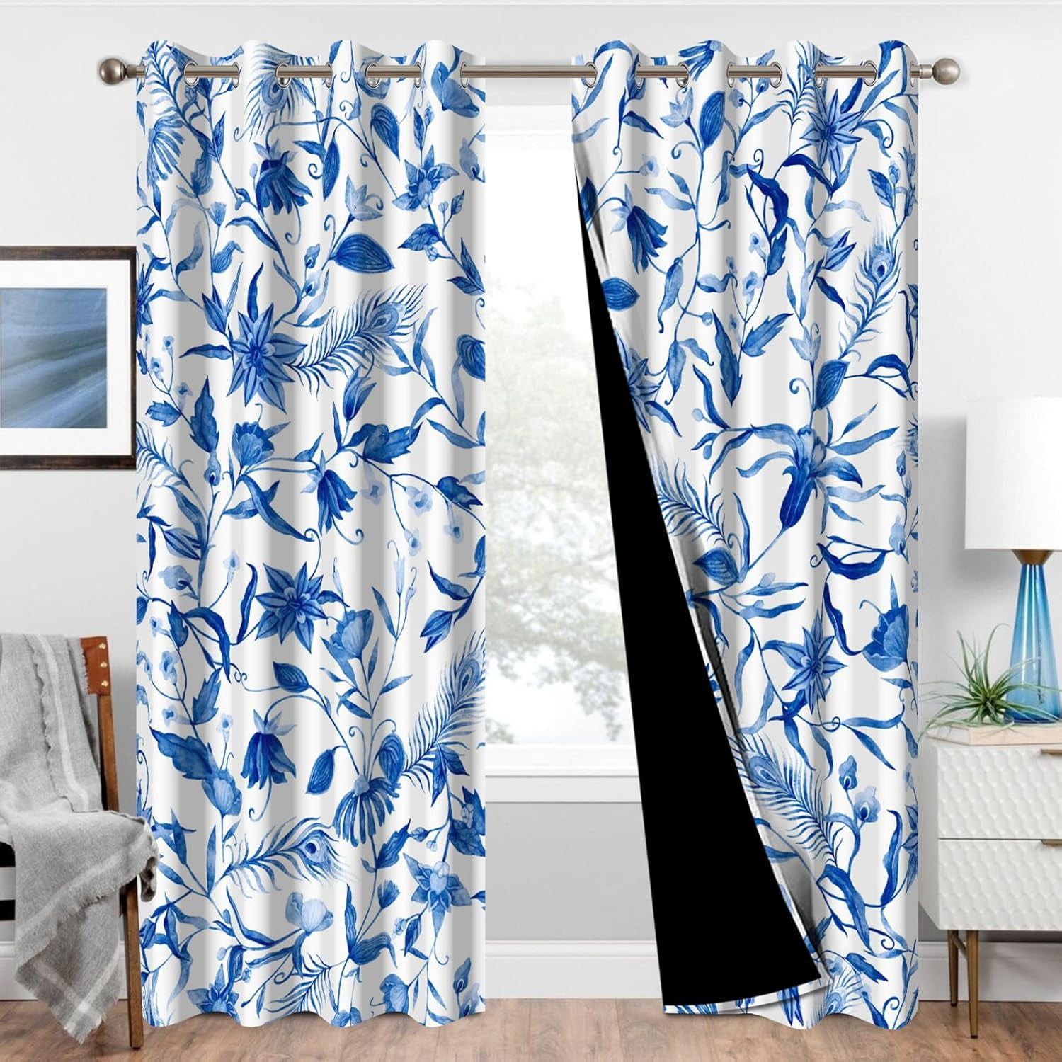 Blue Floral Bedroom Blackout Curtains, Vintage Thermal Insulated ...