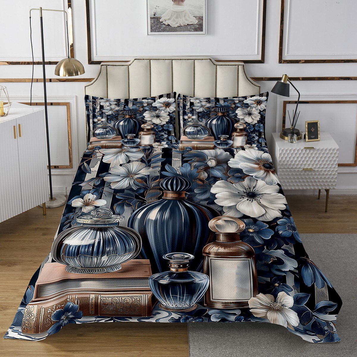 Blue Floral Bedspread Black White Blue Stripe Quilt Set Queen Size ...