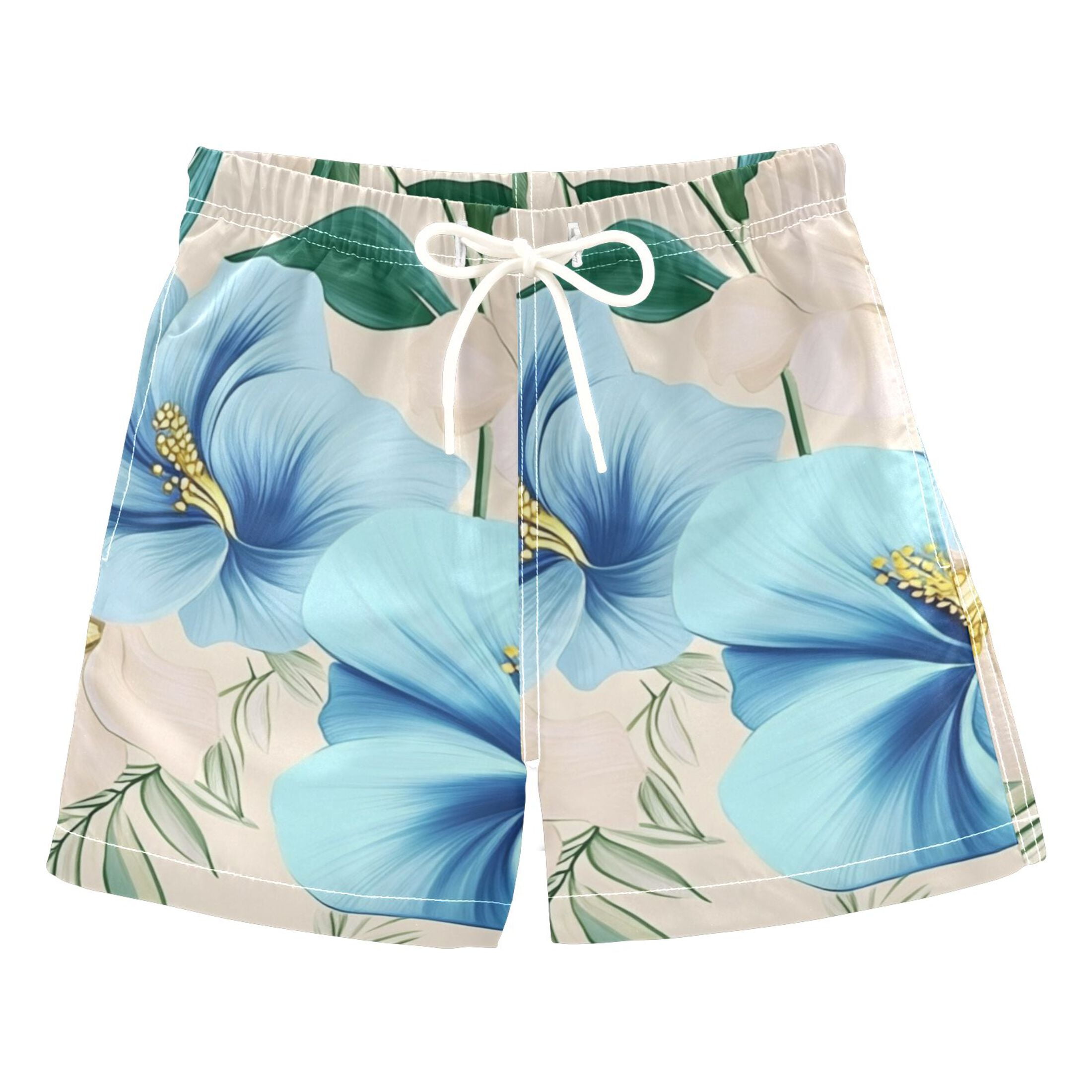 Blue Floral Beige Background Boys Swim Trunks Quick Dry Boy Swim Shorts ...