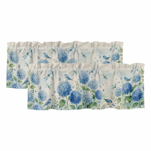 Blue Floral Bird 2 Panels Kitchen Valance, Summer Blue Flower Dragonfly ...