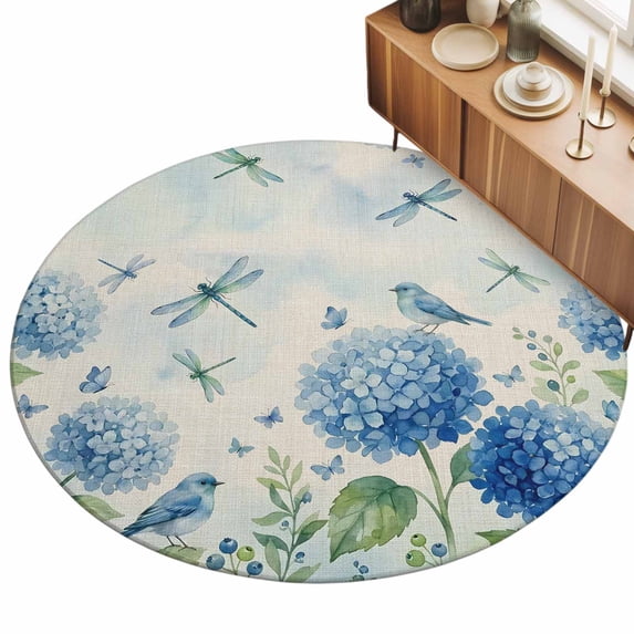 Blue Floral Bird 3ft Non Slip Round Area Rug Summer Blue Flower ...