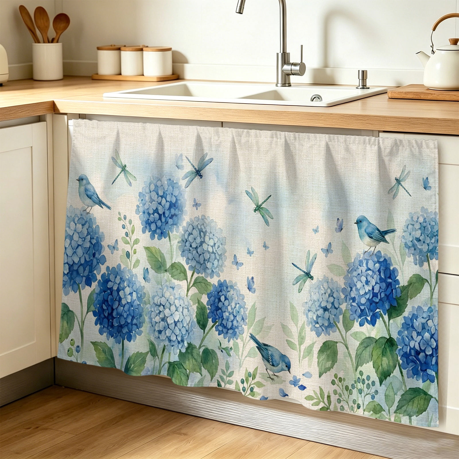 Blue Floral Bird Cabinet Curtain, Summer Blue Flower Dragonfly Bird ...