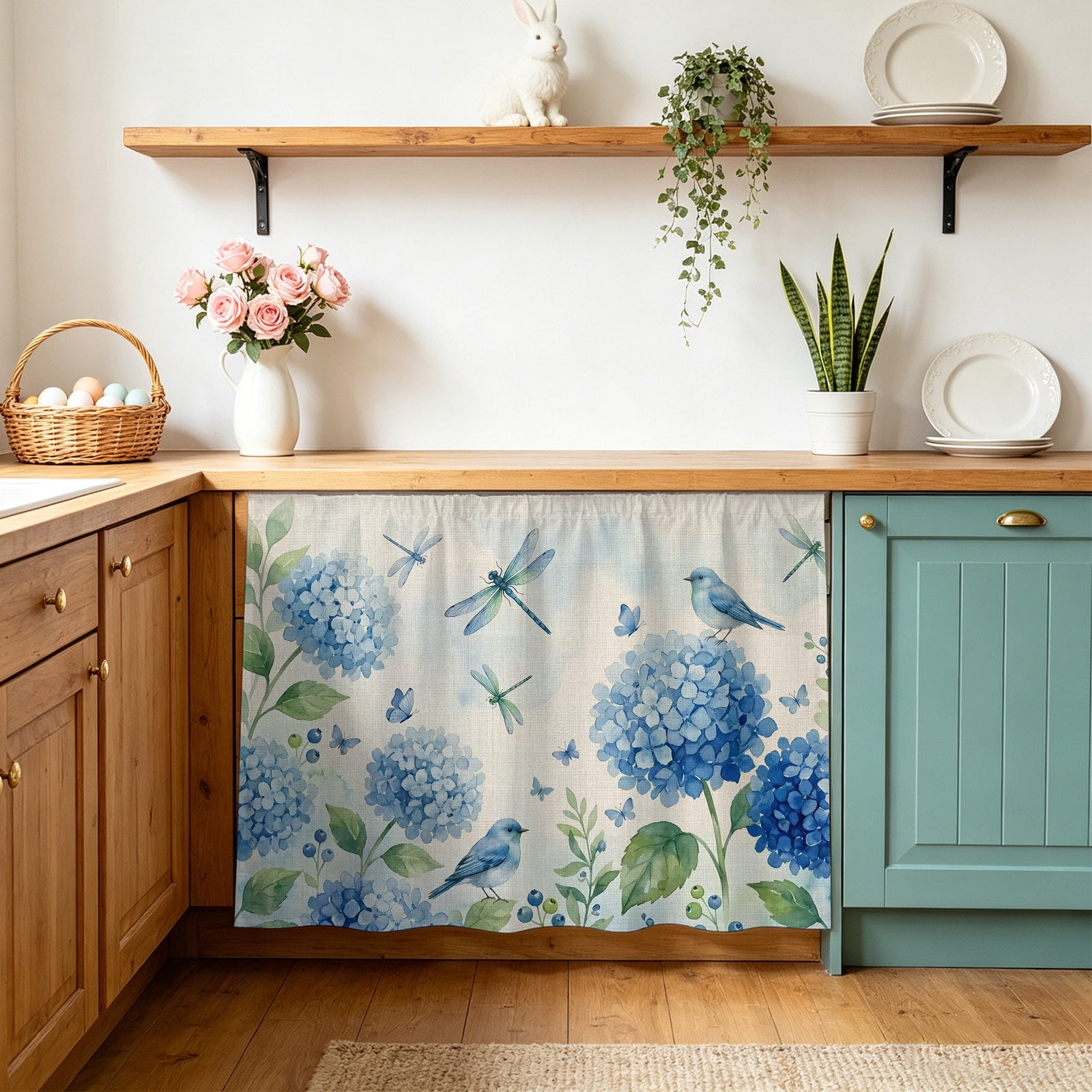 Blue Floral Bird Cabinet Curtains 10" W x 11" L, Summer Blue Flower ...