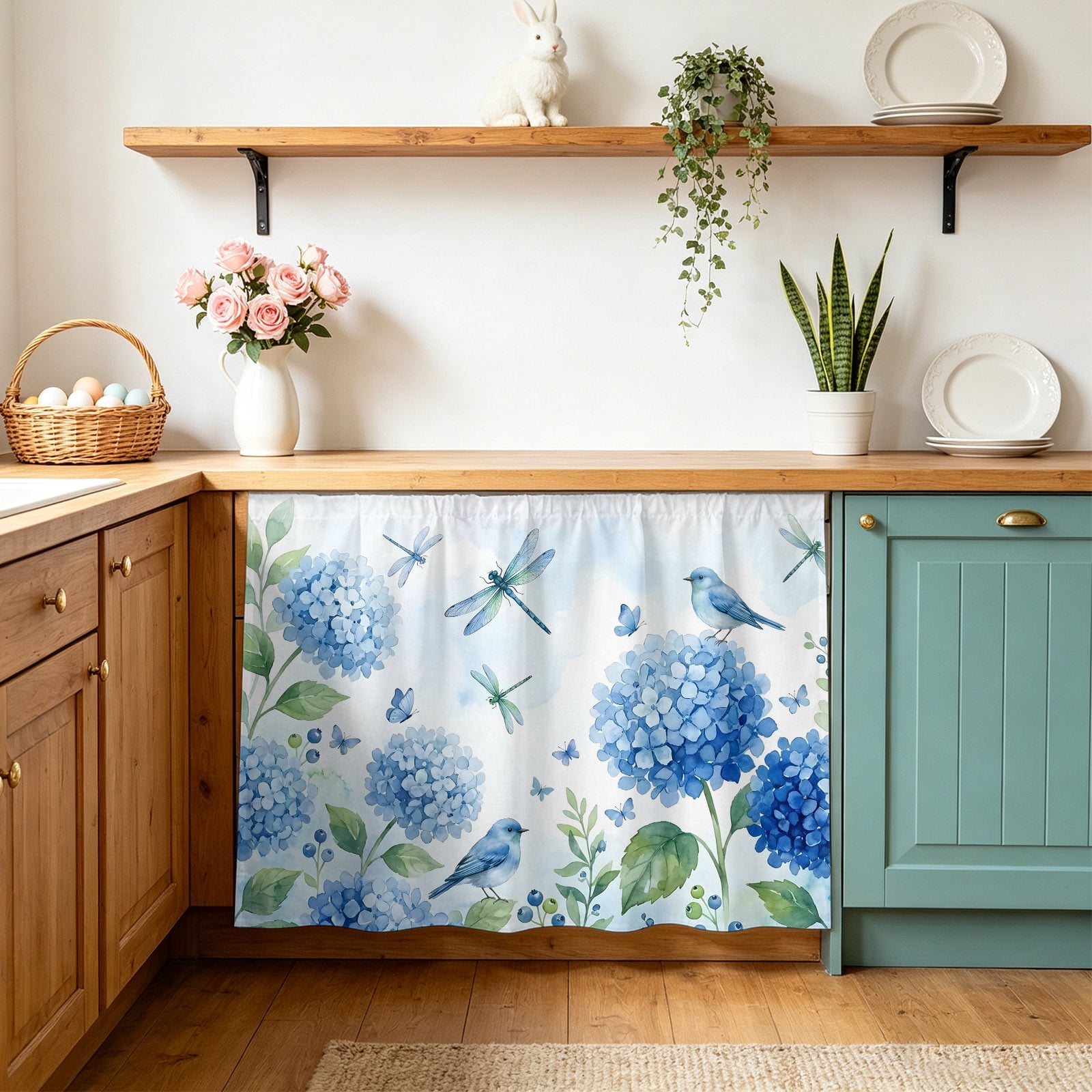 Blue Floral Bird Cabinet Curtains 28" W x 35" L Summer Blue Flower ...