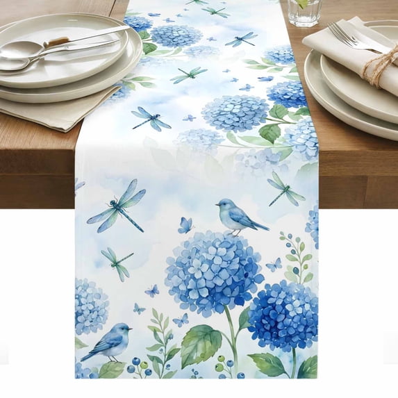 Blue Floral Bird Cotton Linen Table Runner Summer Blue Flower Dragonfly ...