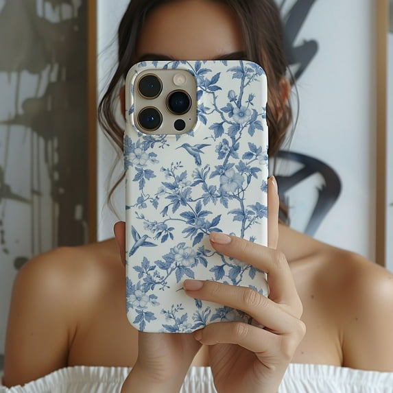 Blue Floral Bird French Toile de Jouy Phone Case 17 16 15 14 13 12 11 ...