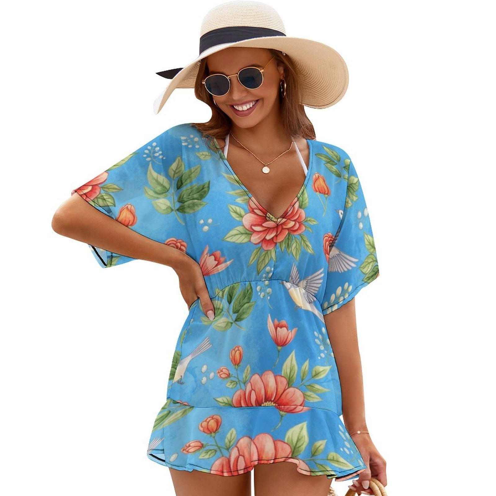 Blue Floral Bird Pattern Beach Cover Ups Women V Neck Short Sleeve ...