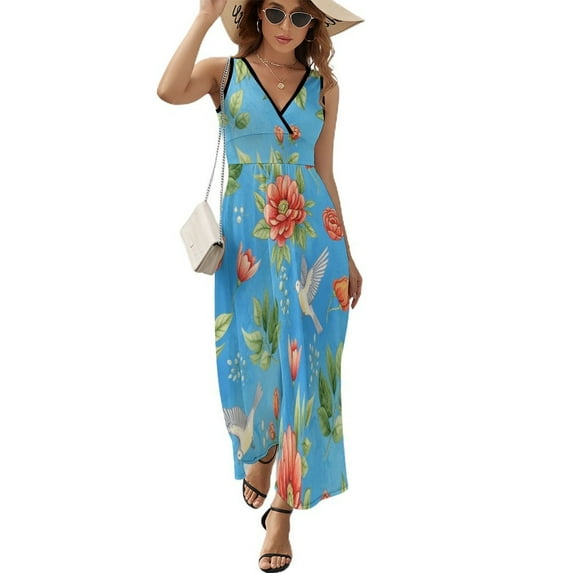 Blue Floral Bird Pattern Womens Night Club Maxi Dress V Neck Sleeveless ...