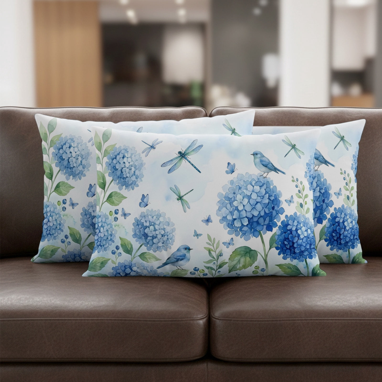 Blue Floral Bird Pillow Covers Set of 4, Summer Blue Flower Dragonfly ...