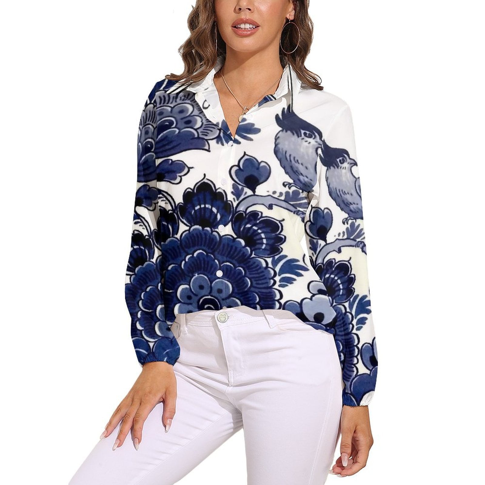 Blue Floral Bird Plate Vntage Casual Long Sleeve Shirt Blouse Woman ...