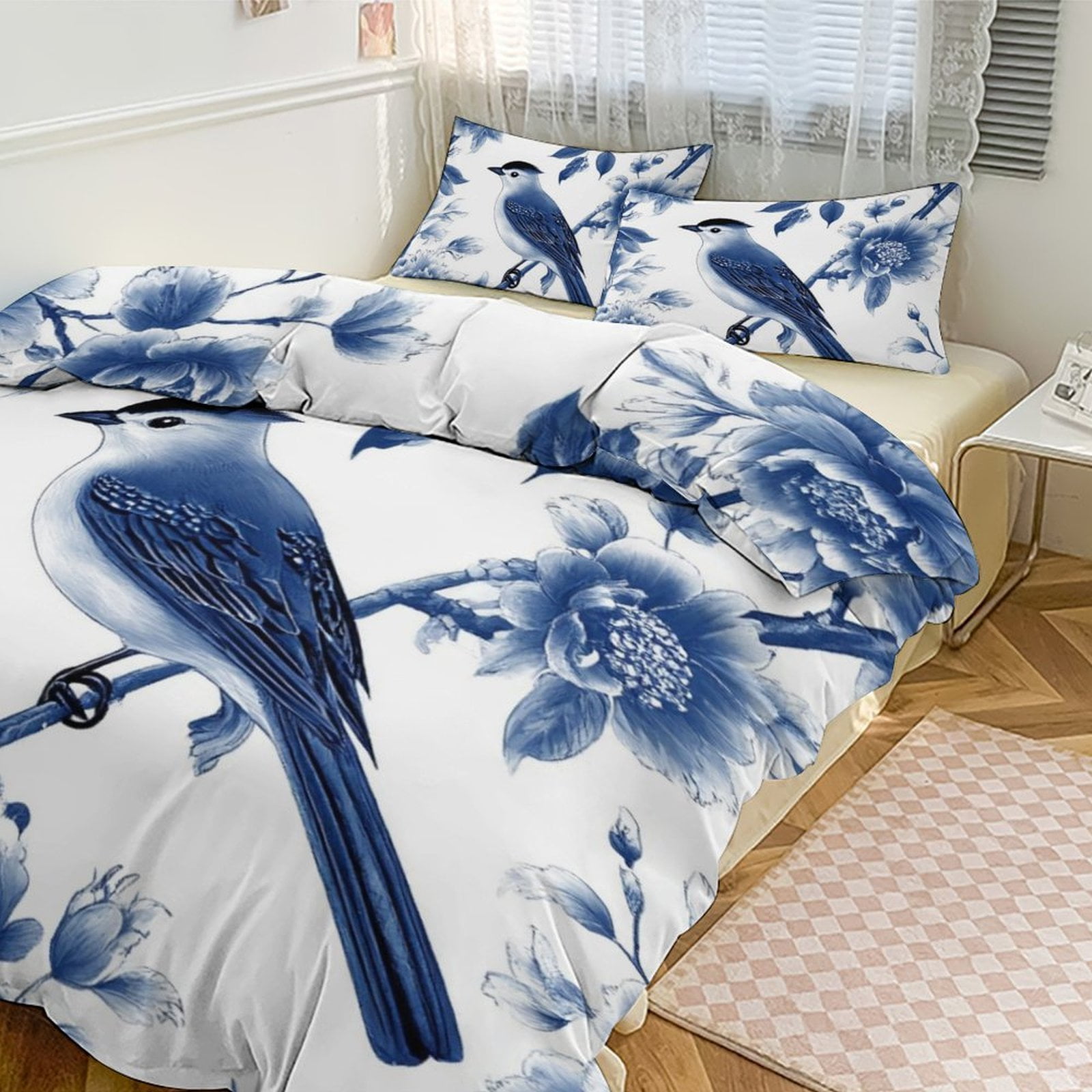 Blue Floral Bird Print 102"x90"3 Pcs Soft Bedding Set Includes 1 Duvet ...