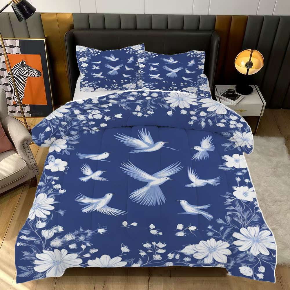 Blue Floral Bird Print Comforter Set Full Size Bedding Set For Travl ...