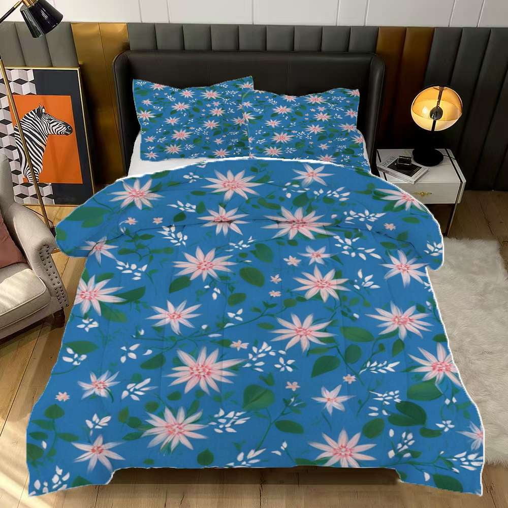 Blue Floral Bird Print Comforter Set Queen Size Bedding Set For Travl ...