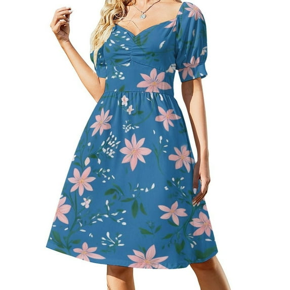 Blue Floral Bird Print Short Sleeve Dress Clothes Women's Summer Dress ...