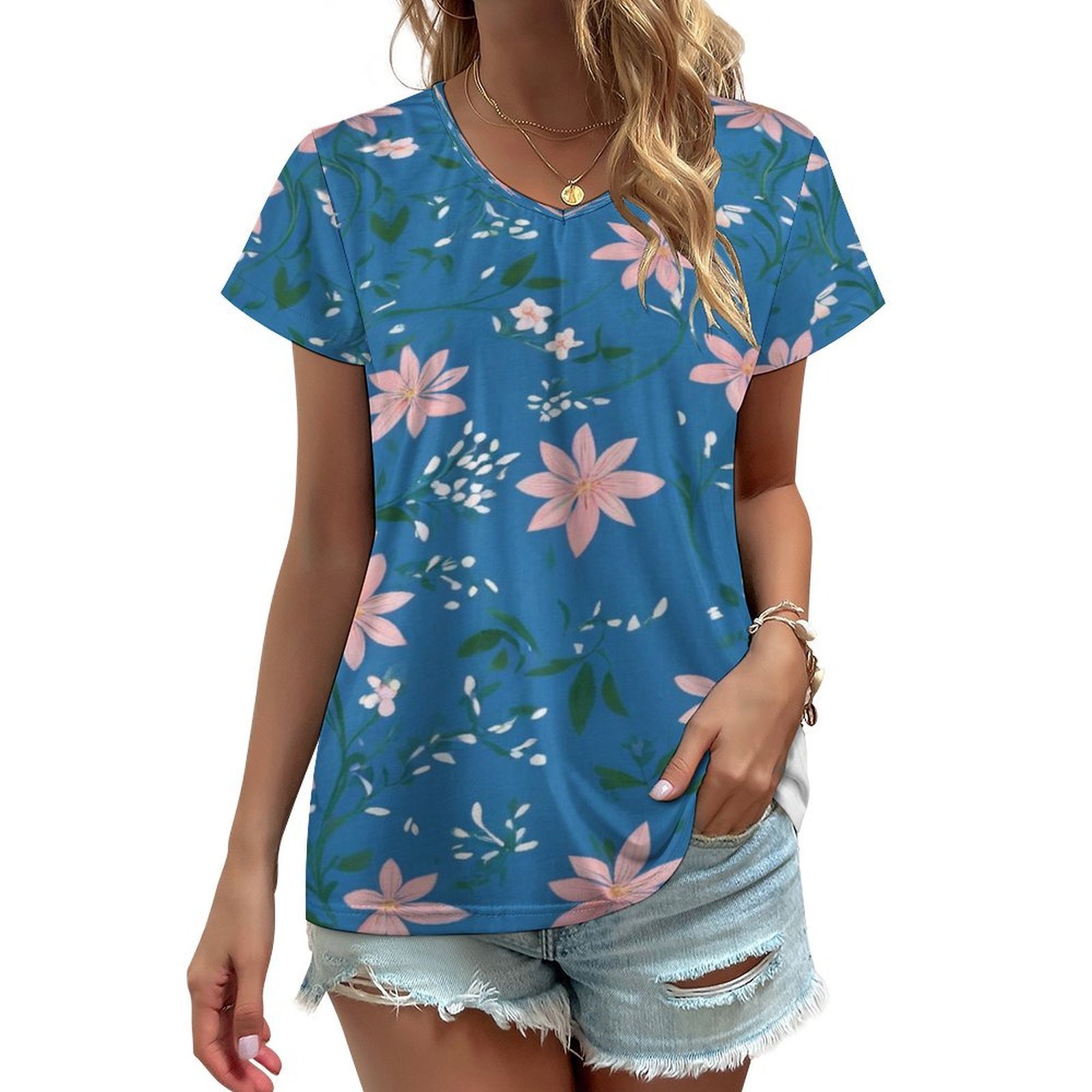 Blue Floral Bird Print Women's Blouse Short Sleeve Women's Top T-Shirt ...