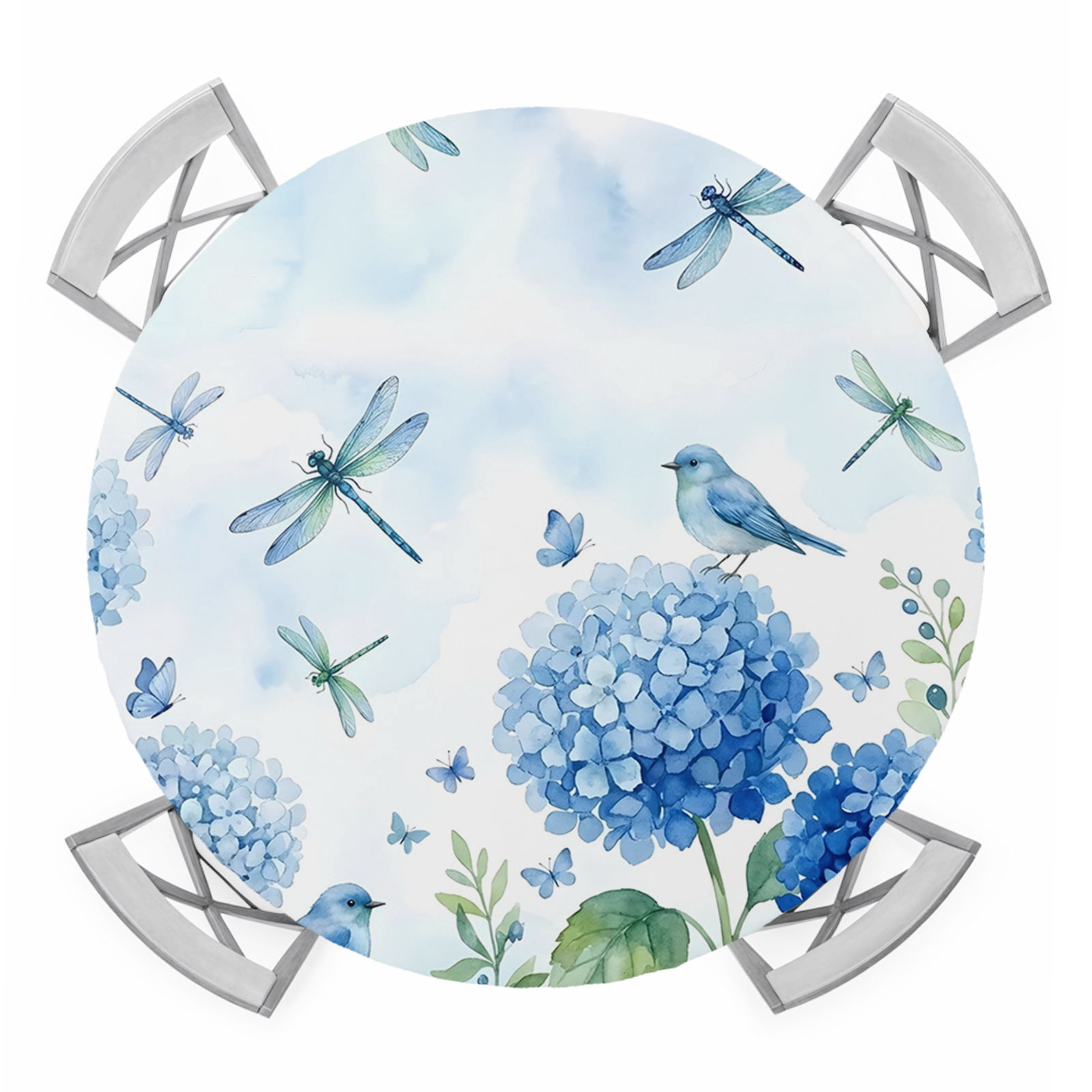 Blue Floral Bird Round Table Cover, Summer Blue Flower Dragonfly Bird ...