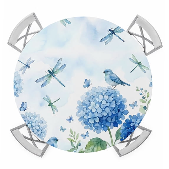 Blue Floral Bird Round Table Cover, Summer Blue Flower Dragonfly Bird ...