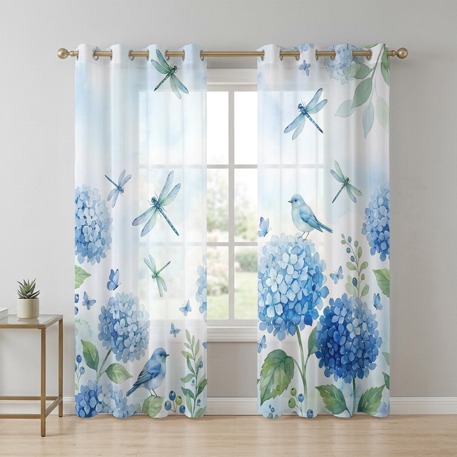 Blue Floral Bird Sheer Curtains 63 Inch Long 2 Panels, Summer Blue ...