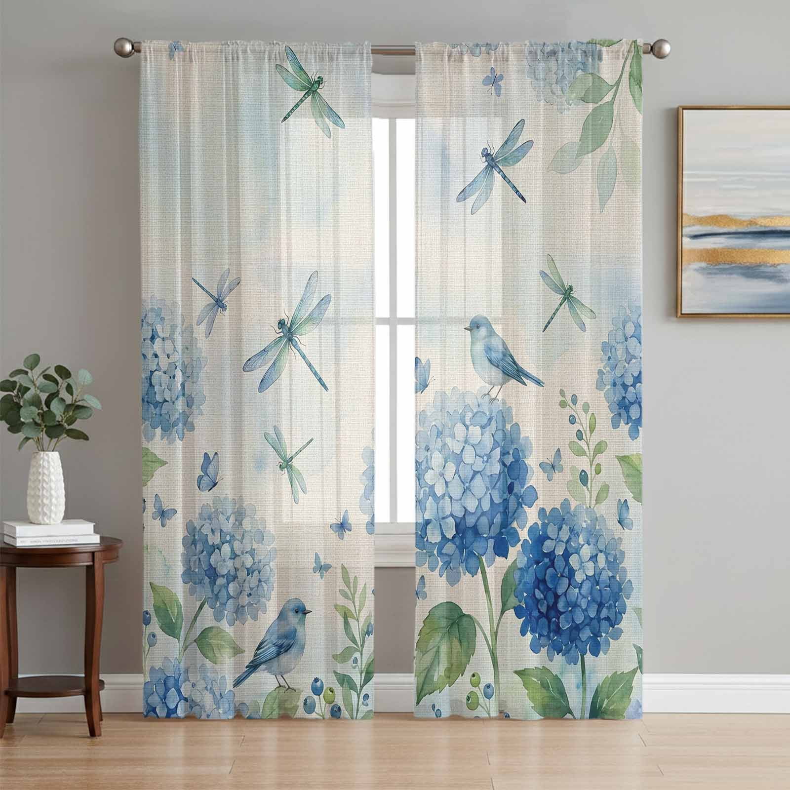Blue Floral Bird Sheer Curtains for Living Room Bedroom, Summer Blue ...