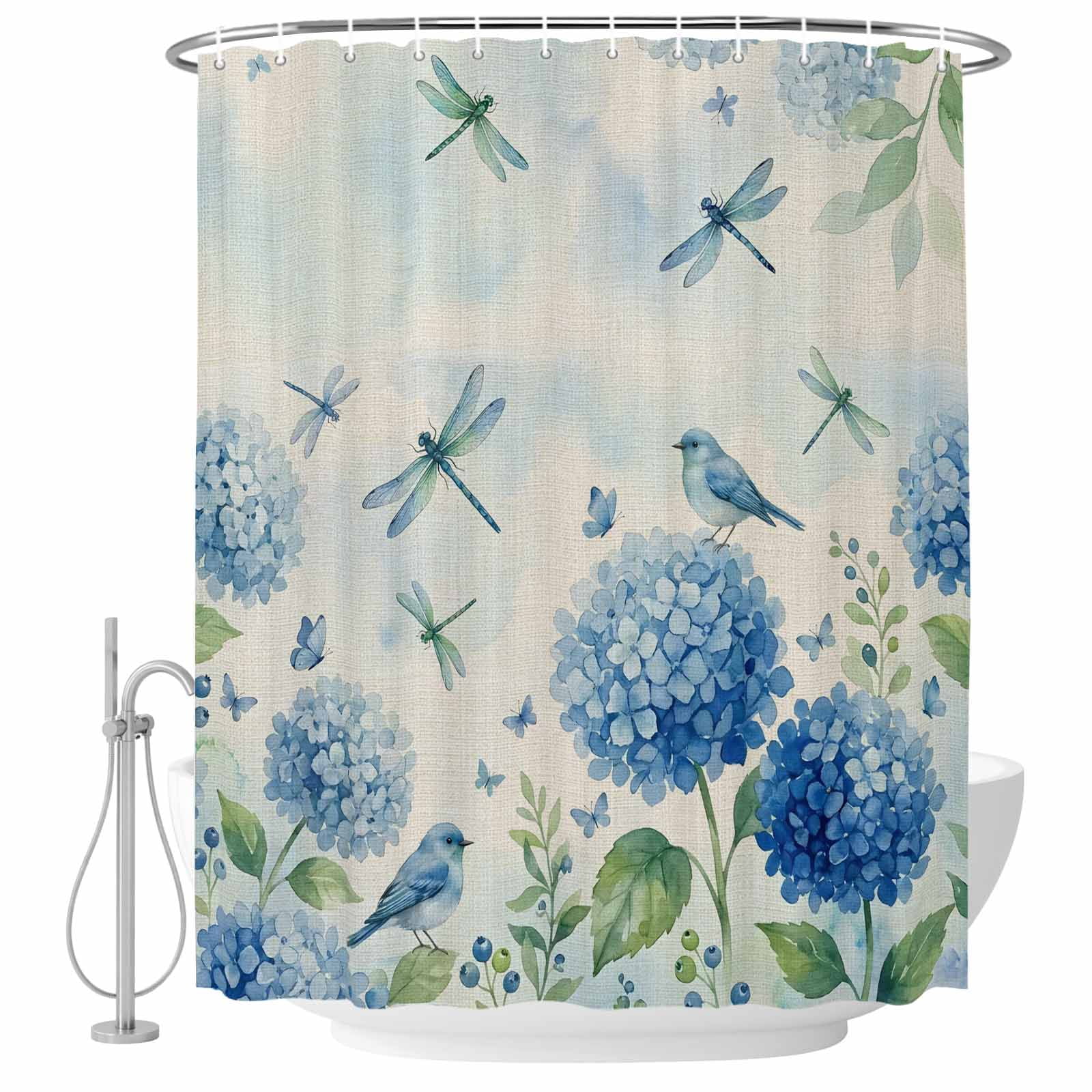 Blue Floral Bird Shower Curtain for Bathroom, Summer Blue Flower ...