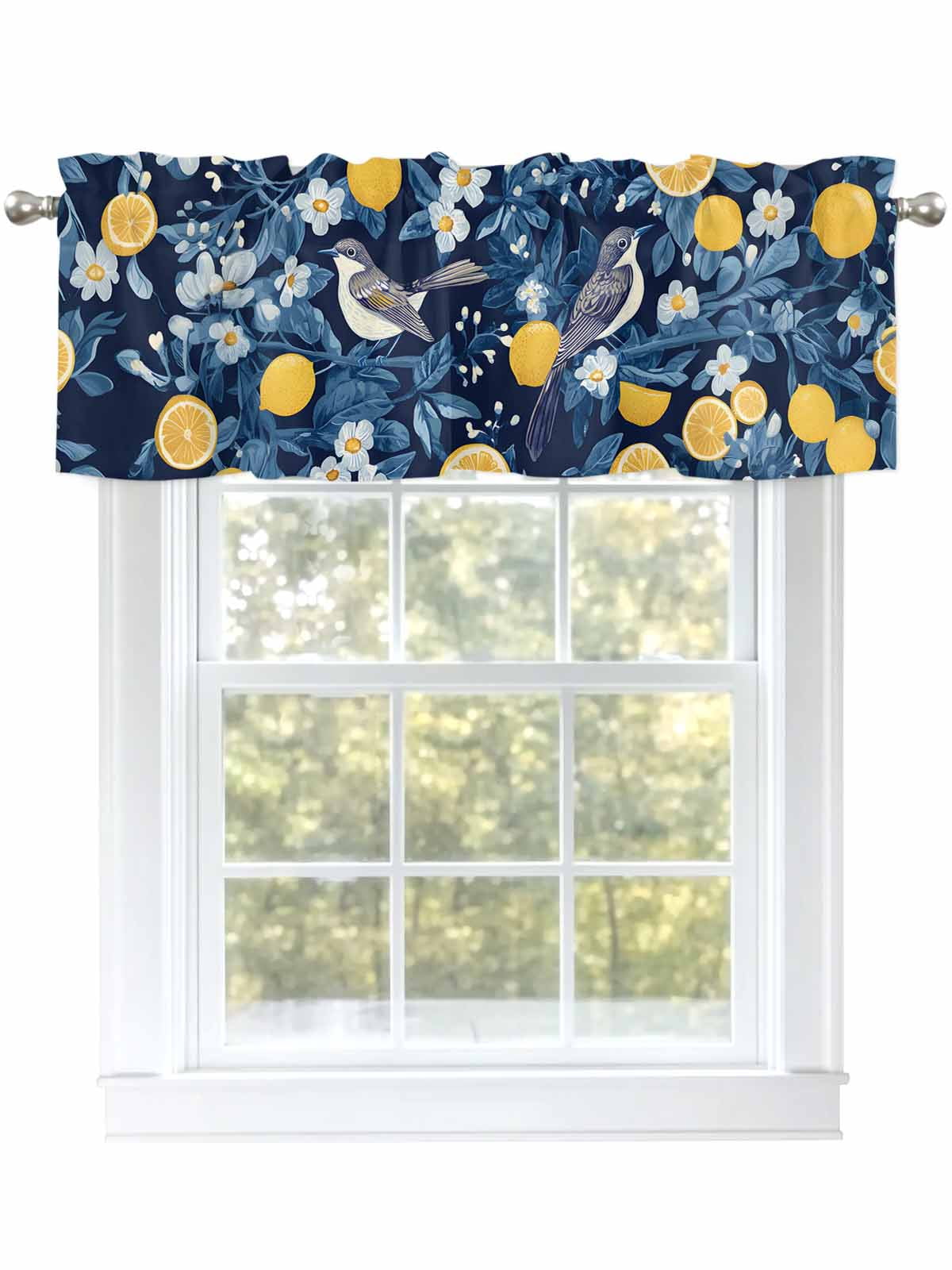 Blue Floral Bird Valances for Windows, Rod Pocket Kitchen Valance ...