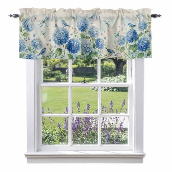 Blue Floral Bird Valances for Windows, Summer Blue Flower Dragonfly ...